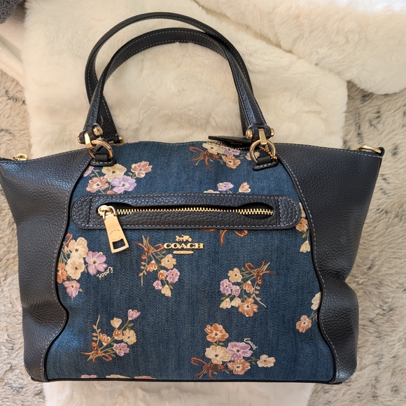 Coach | Bags | Coach Floral Denim Navy Blue Pebbled Leather Satchel ...